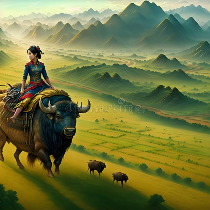 Image of the Buffalo Riding in the Agriculture Countryside As the Means ...