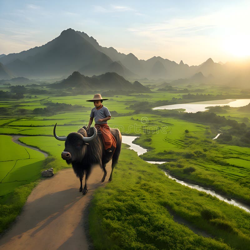 Image of the Buffalo Riding in the Agriculture Countryside As the Means ...