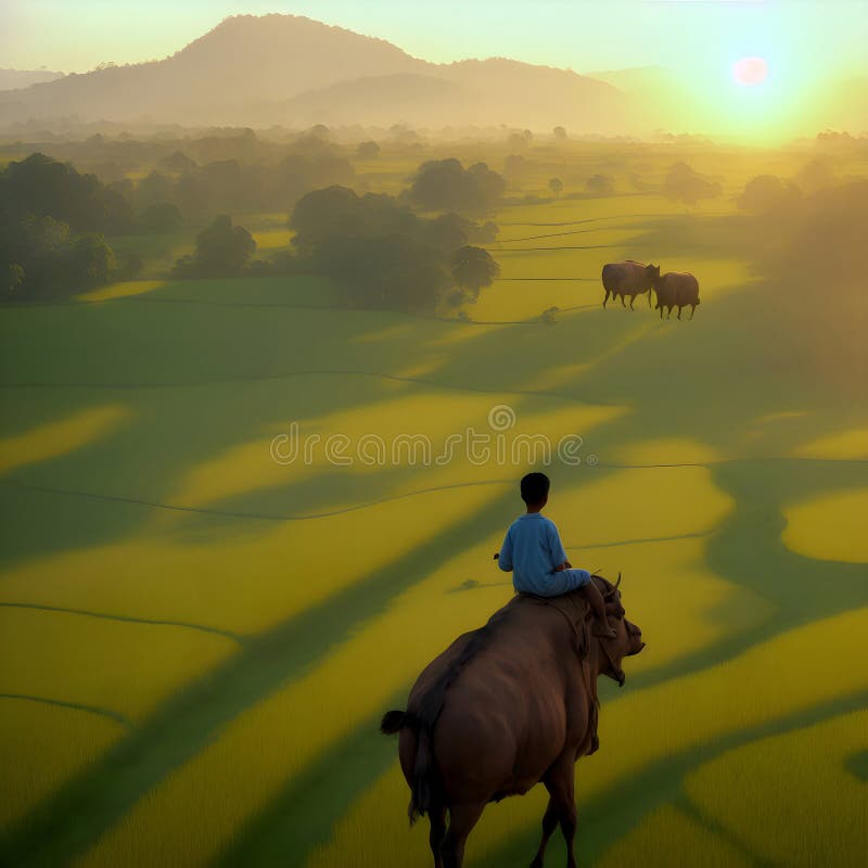 Image of the Buffalo Riding in the Agriculture Countryside As the Means ...