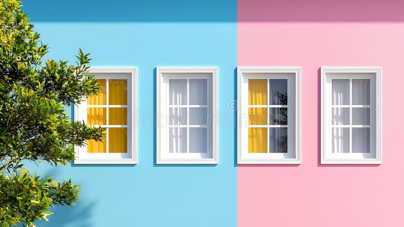 Colorful Facade with Windows Behind a Green Tree Leaves Under the Sun ...