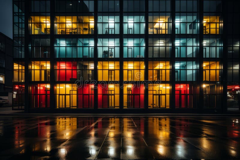 An Image of a Building at Night with Colorful Windows Stock ...