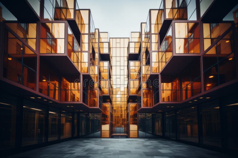 An Image of a Building with Orange Glass Windows Stock Illustration ...