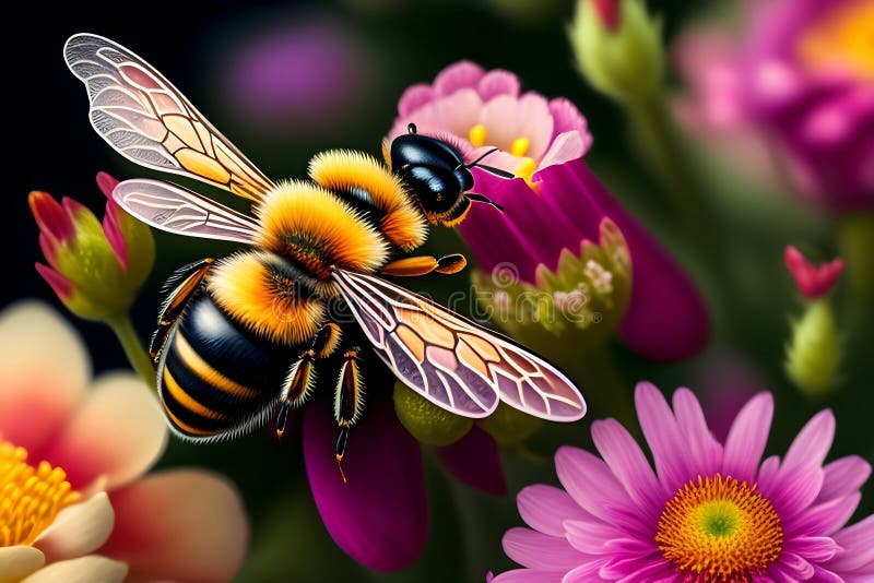 Image of the Bumble-bee Flying Around or Surround by Ornate Flowers ...