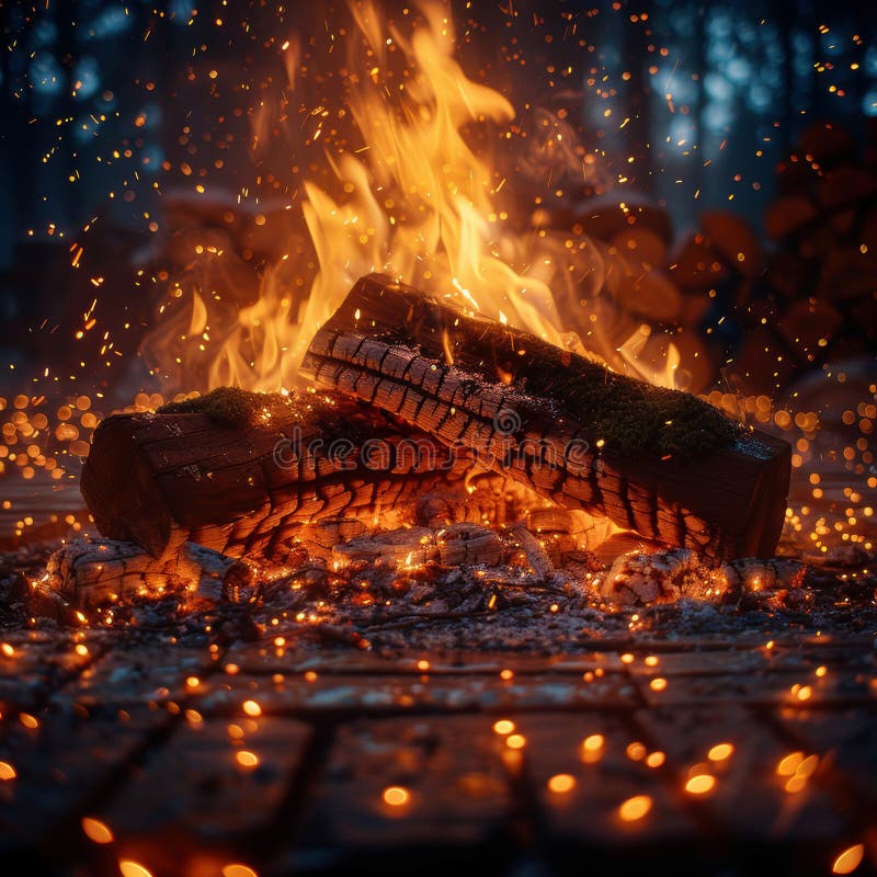 Image of a Burning Fire Pit with Charred Logs, Bright Orange Flames ...