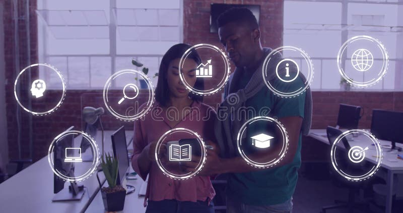 Image of Business Icons Over Diverse Colleagues Discussing Work in ...