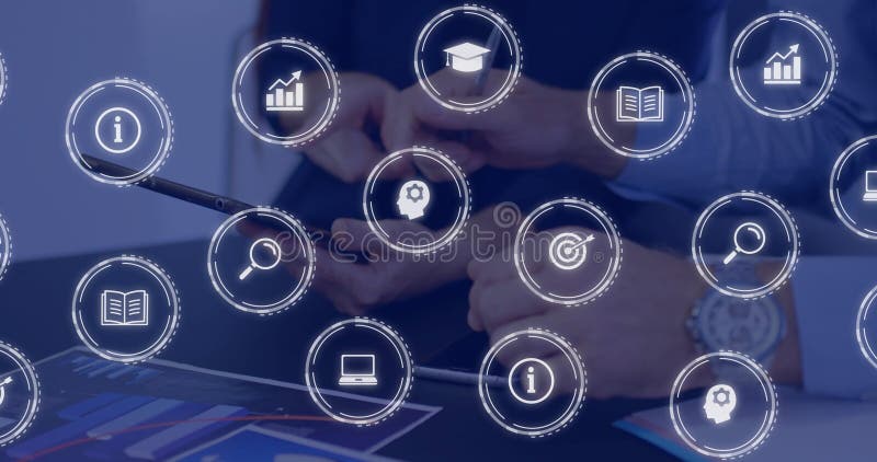 Image of Business Icons Over Diverse Business People Discussing Work ...