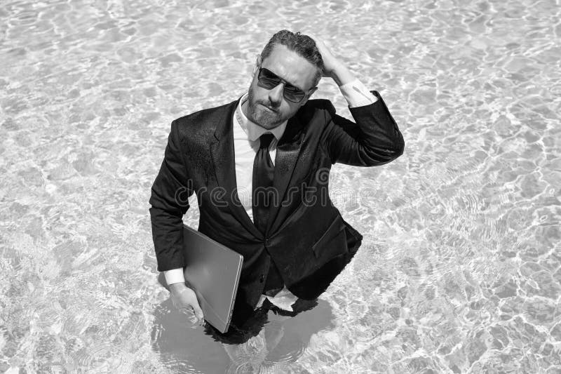 Image of Business Man Working Remote in Summer Pool with Laptop Stock ...