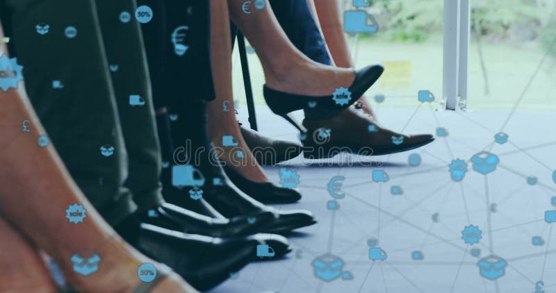 Image of Business Network Over Legs of Diverse Colleagues at Desks in ...