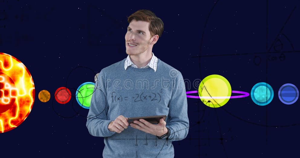 Image of Businessman Using Tablet Over Equations and Solar System Stock ...
