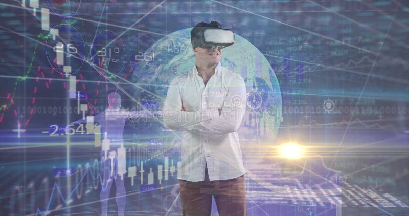 Image of Businessman Wearing Vr Headset Over Screens with Medical Data ... Image of Businessman Wearing Vr Headset Over Screens with Medical Data ...