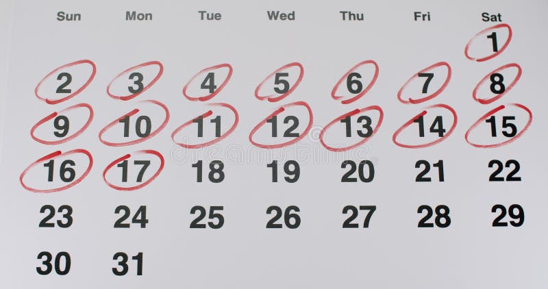 Calendar with Dates Circled in Red Ink for Marking Important Days and ...
