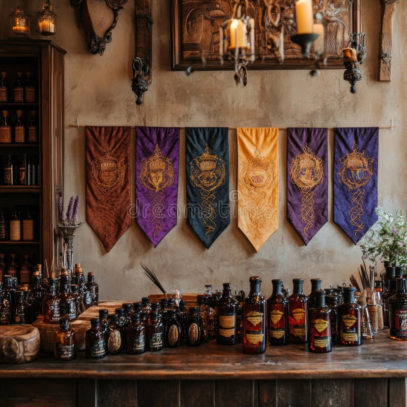 Mystical Potion Shop Interior with Flags Bottles and Candles Stock ...