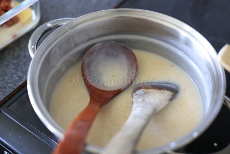 Top View of Pot with Bechamel Sauce Stock Image - Image of tomato, food ...