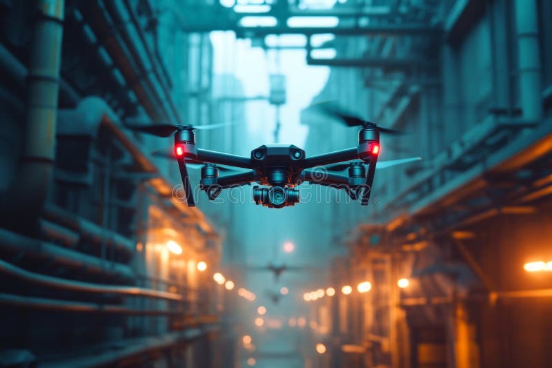 A High-tech Drone Navigates through a Dimly Lit Industrial Space. Its ...