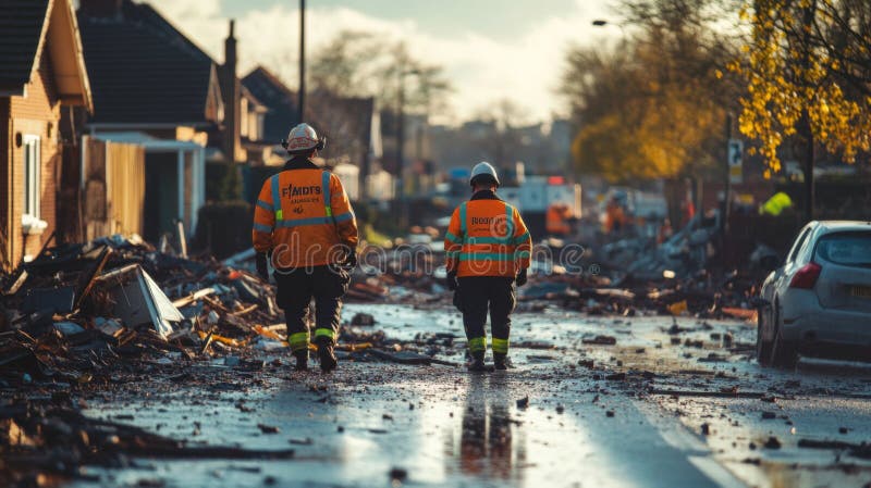 Two Rescue Workers Walk through a Disaster Zone. Their Reflective Vests ...