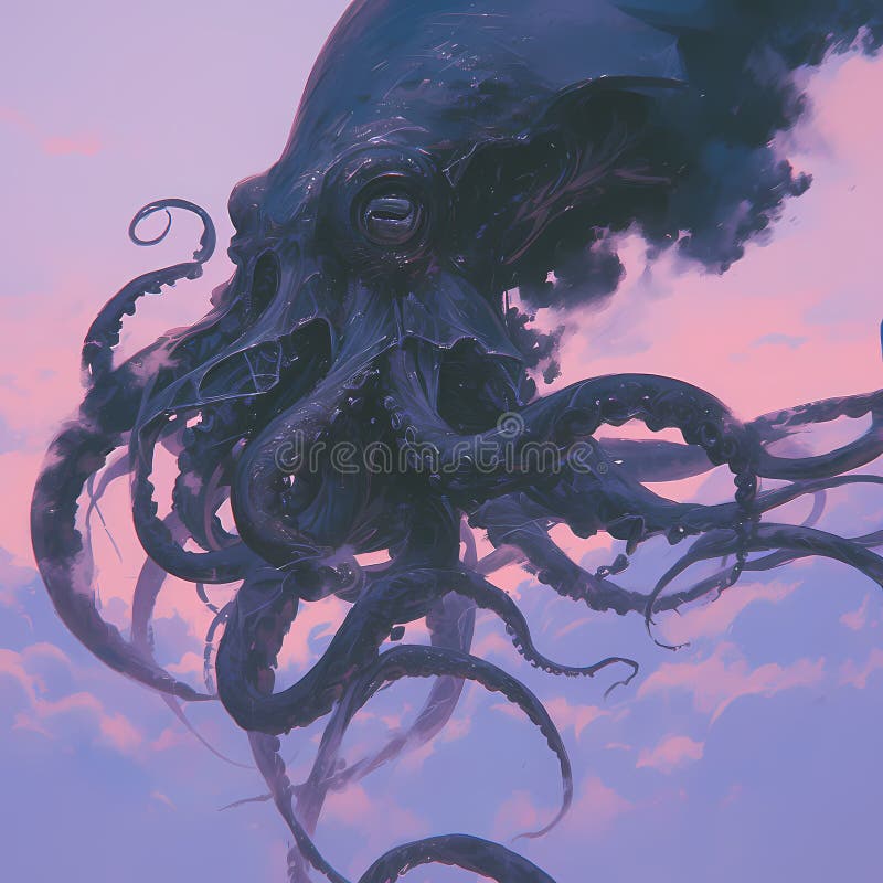 Giant Squid in Pink Sky stock illustration. Illustration of marine ...