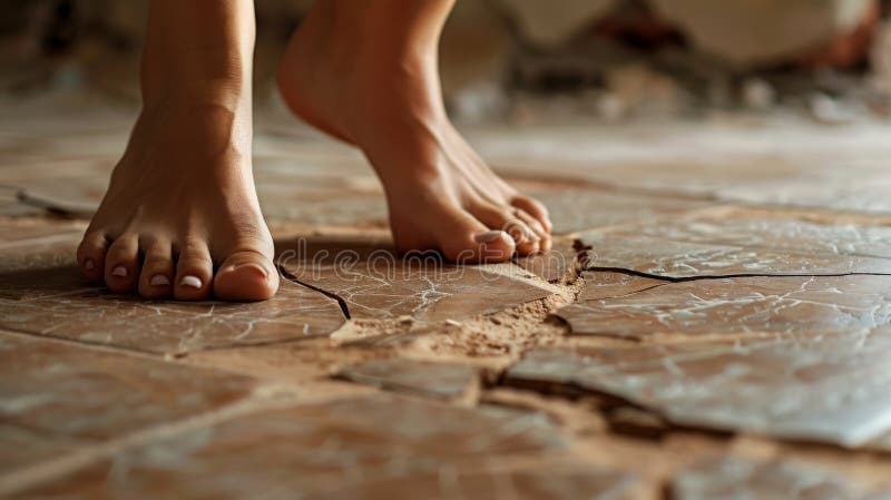 Close-up of Bare Feet Walking on Cracked Tiled Floor in Abandoned ...