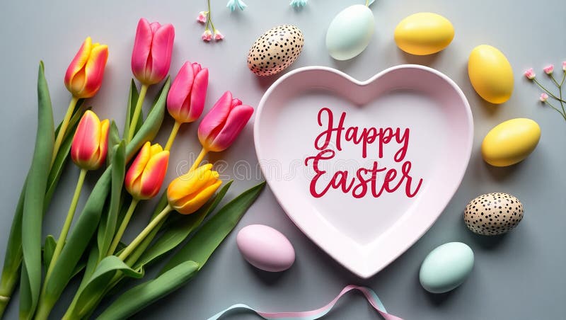 Elegant Happy Easter Layout with Tulips, Pastel Eggs, and Heart Dish on ...