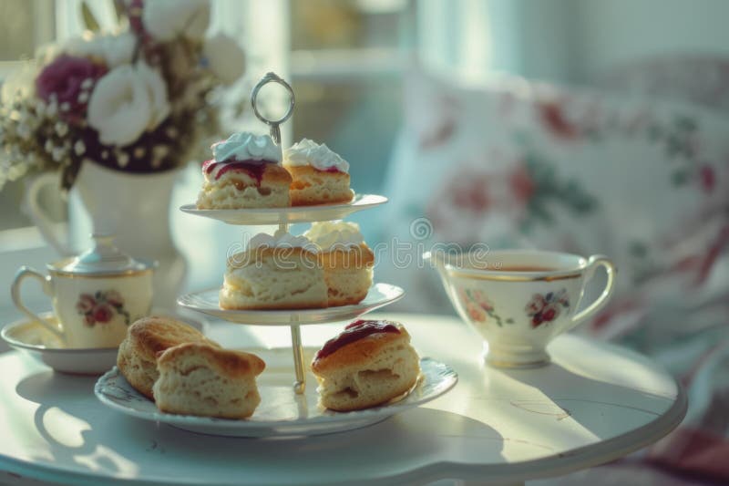Elegant Afternoon Tea Setup with Scones and Tea, Hospitality Concept ...