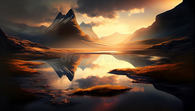 A Mountain Landscape at Sunset with a Reflection of the Sun S Rays on a ...