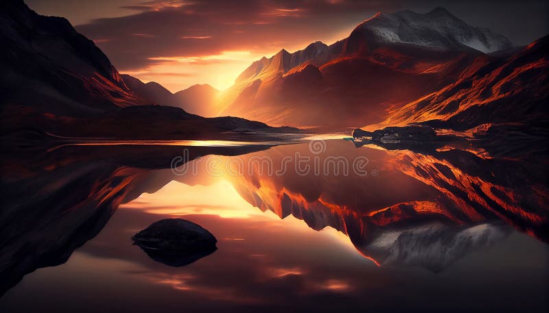 A Mountain Landscape at Sunset with a Reflection of the Sun S Rays on a ...