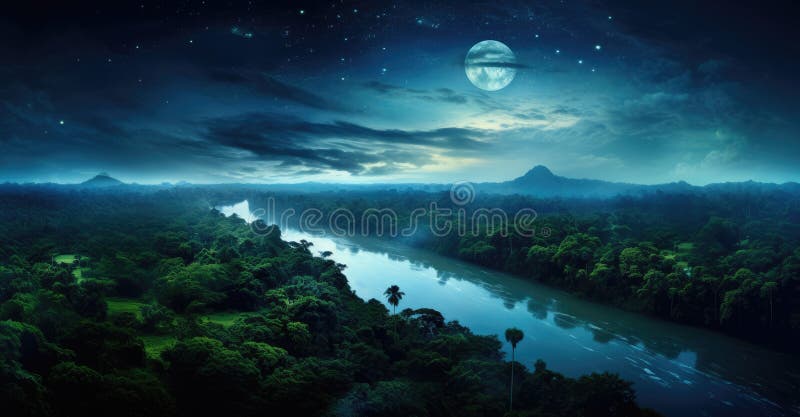Night Full Moon Over the Amazon Forest. Areal View of the Vast Amazon ...
