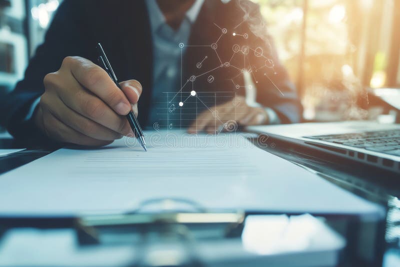 Businessman Filling Out Document with Digital Overlay Illustrating Data ...
