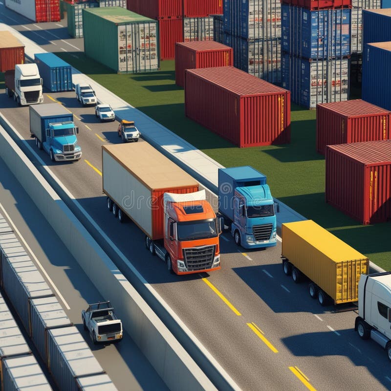 Cargo on the Move Port Highway Container Trucks Stock Illustration ...