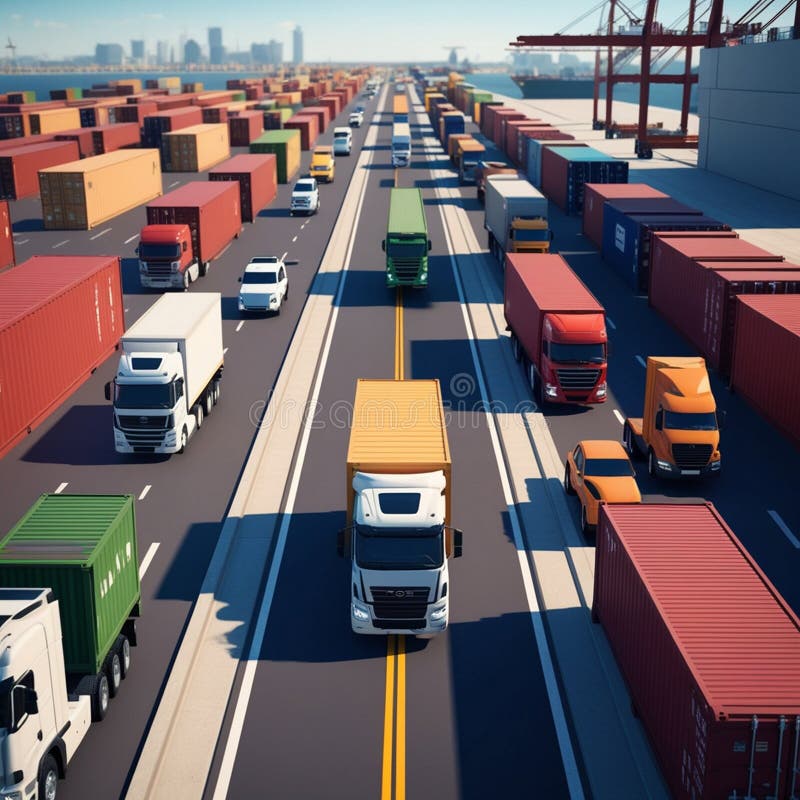 Highway To Trade Freight Trucks at the Port Stock Illustration ...