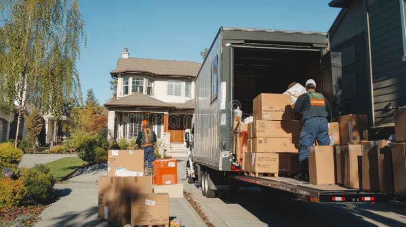 A Moving Truck is Parked in a Suburban Neighborhood. Workers are ...
