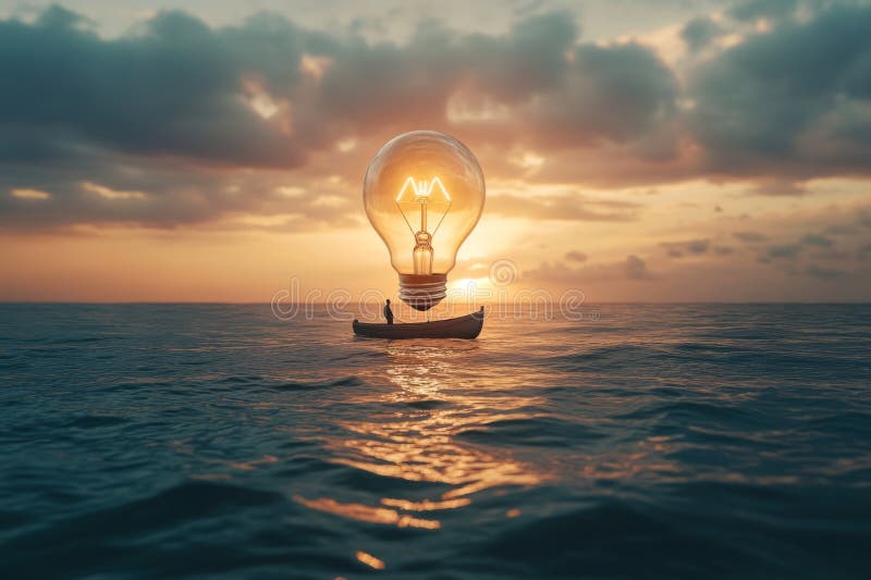 A Serene Boat Floats in Calm Waters at Sunset. a Glowing Light Bulb Hovers Above, Symbolizing ...