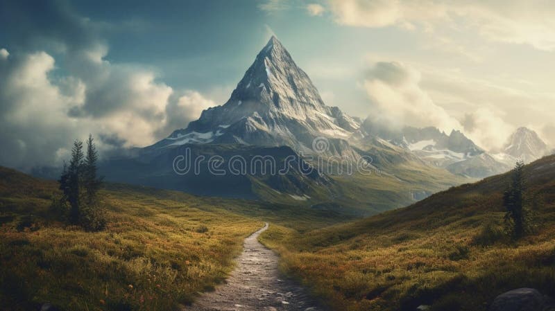 Hiking Trail in the Mountains with a Cloudy Sky Stock Illustration ...