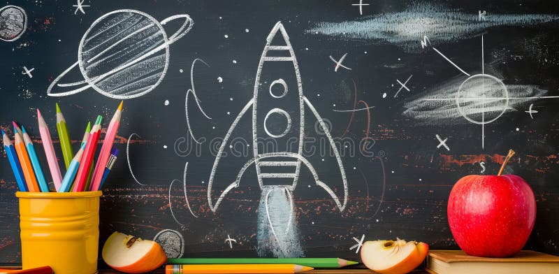 Creative Education Concept with a Rocket Drawn on a Chalkboard ...