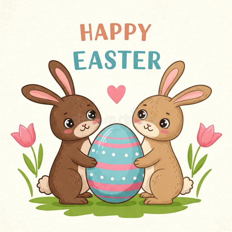 Cute Easter: Bunnies, Egg, and Pink Tulips Stock Illustration ...