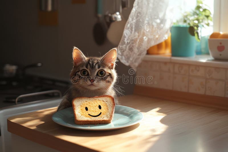 A Playful Cat Sits on a Kitchen Table with a Smiling Slice of Bread ...