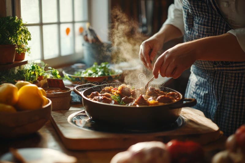 A Chef Prepares a Delicious Meal in a Cozy Kitchen. Fresh Ingredients ...