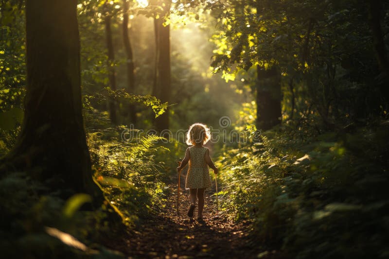 A Young Child Walks through a Sunlit Forest Path. the Scene is Peaceful ...