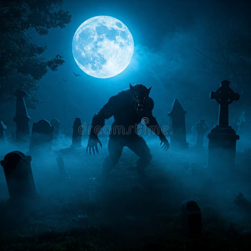 Eerie Werewolf Encounter in a Moonlit Misty Graveyard Stock Image ...