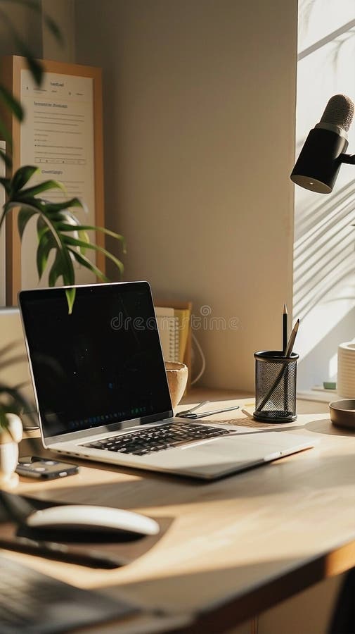 Microphone and Laptop on Desk for Podcasting or Media Production with ...