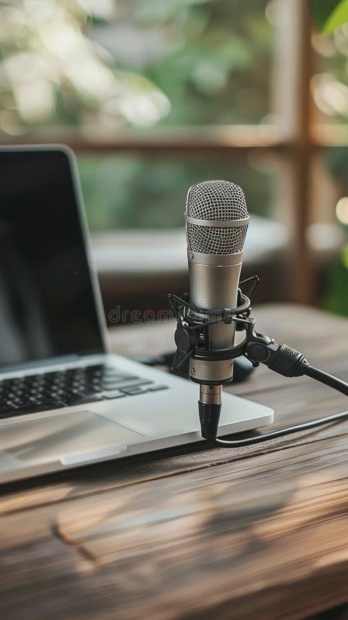Microphone and Laptop on Desk for Podcasting or Media Production with ...