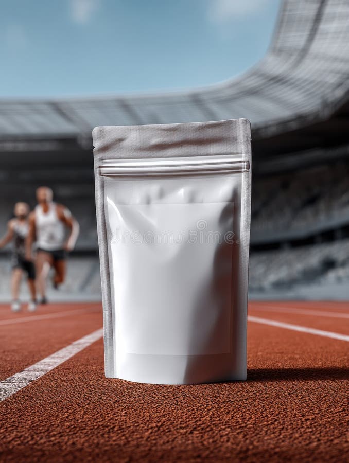 Close-up of a White Pouch on a Running Track with Athletes Competing in ...