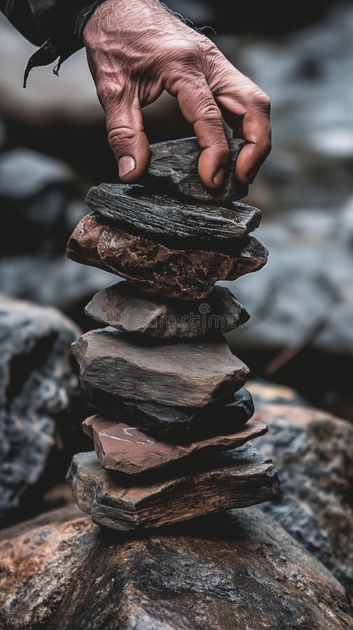 A Hand Balances Rough, Dark Stones in a Stack on a Rocky Riverbank ...