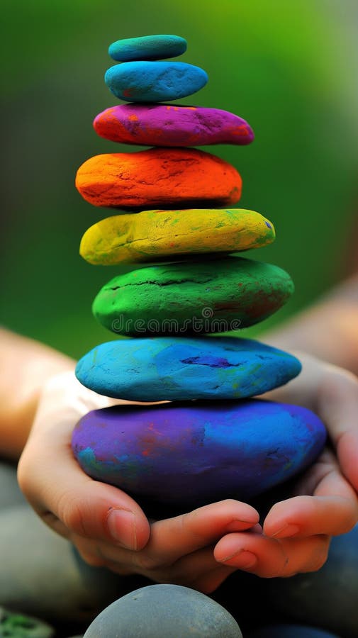 Hands Balance a Vibrant Stack of Rainbow-colored Stones Outdoors ...