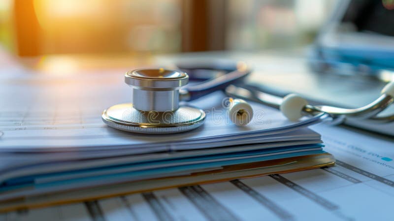 Medical Stethoscope on Documents in a Sunlit Office - Generative AI ...