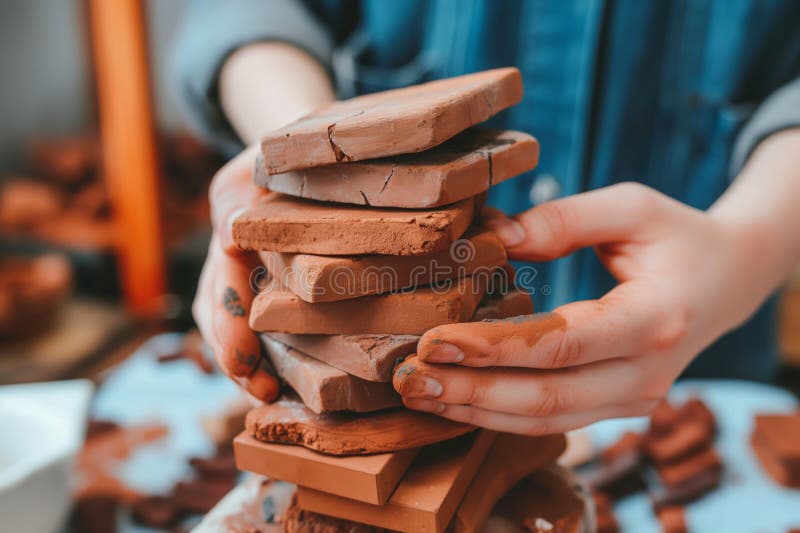 A Person Stacks Red Clay Bricks in a Creative Indoor Setting ...