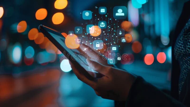Person Using a Tablet with Floating App Icons, Generative AI Stock ...