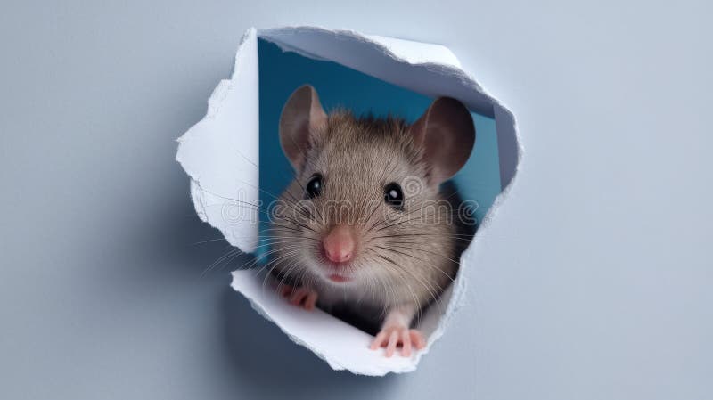 A Curious Gray Mouse Peeks through a Hole in the Wall, Exuding a Sense ...