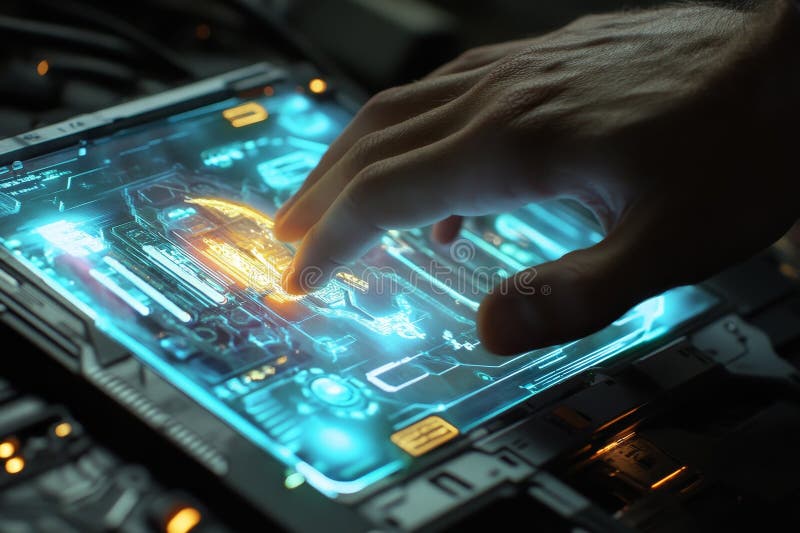 A Close Up View of a Persons Hand Touching a Futuristic Screen Stock ...