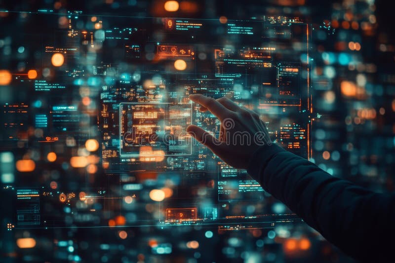 A Close Up View of a Persons Hand Touching a Futuristic Screen Stock ...