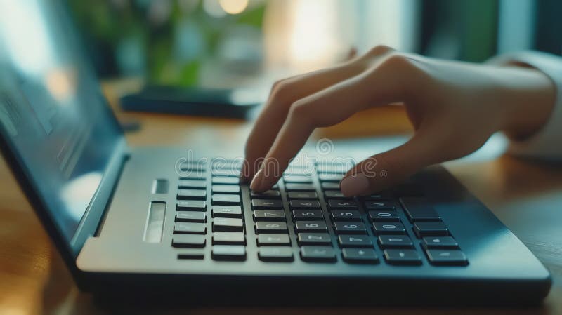 Hand Typing on a Laptop in a Cozy Workspace, Emphasizing Productivity ...